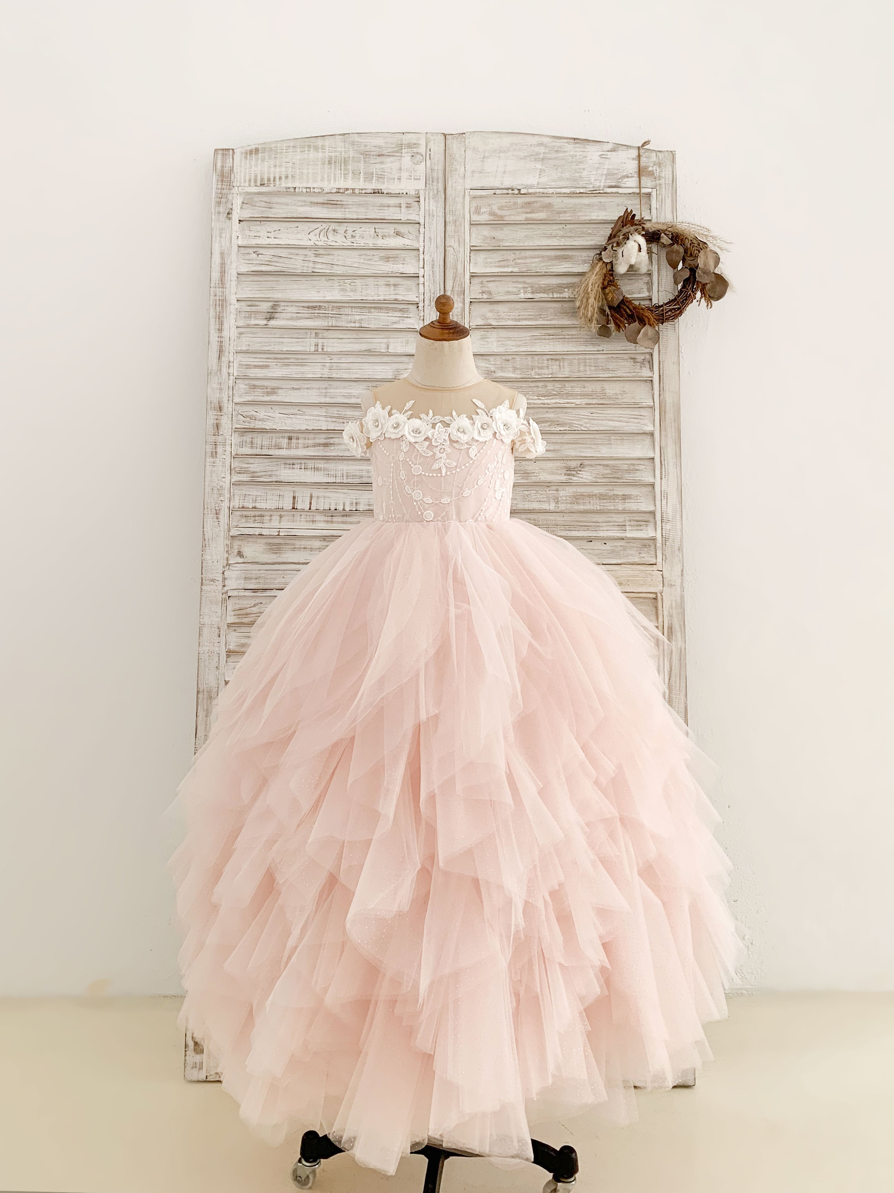 Off-Shoulder Pink Tulle Ruffle Wedding Flower Girl Dress Kids Birthday ...
