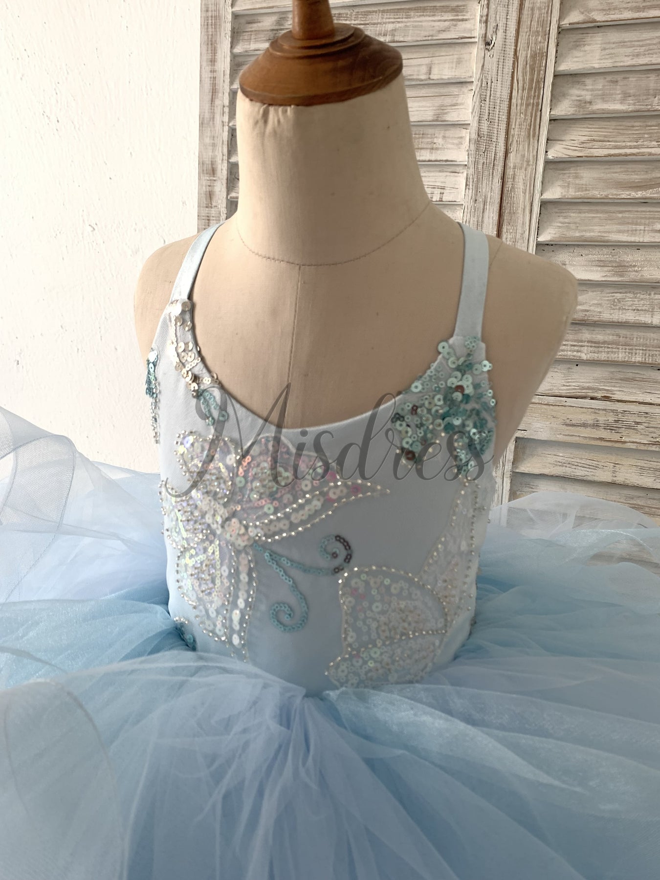 Beaded Butterfly Light Blue Straps Ruffle Tulle Horsehair Wedding Flow ...