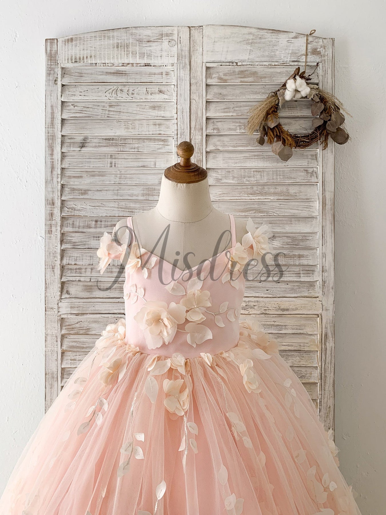 Peach 3D Lace Flower Tulle Off Shoulder Wedding Flower Girl Dress Kids ...