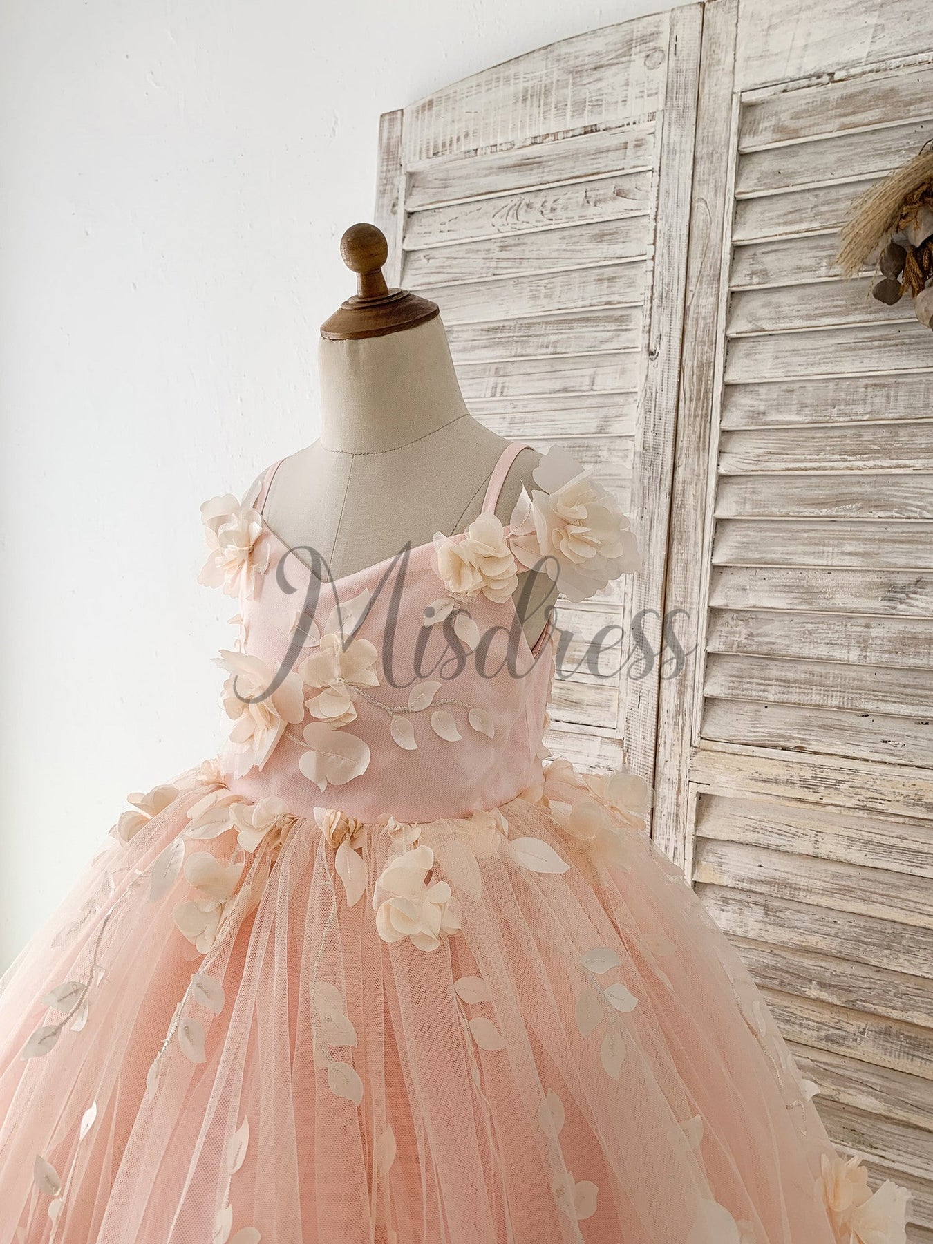 Peach 3D Lace Flower Tulle Off Shoulder Wedding Flower Girl Dress Kids ...