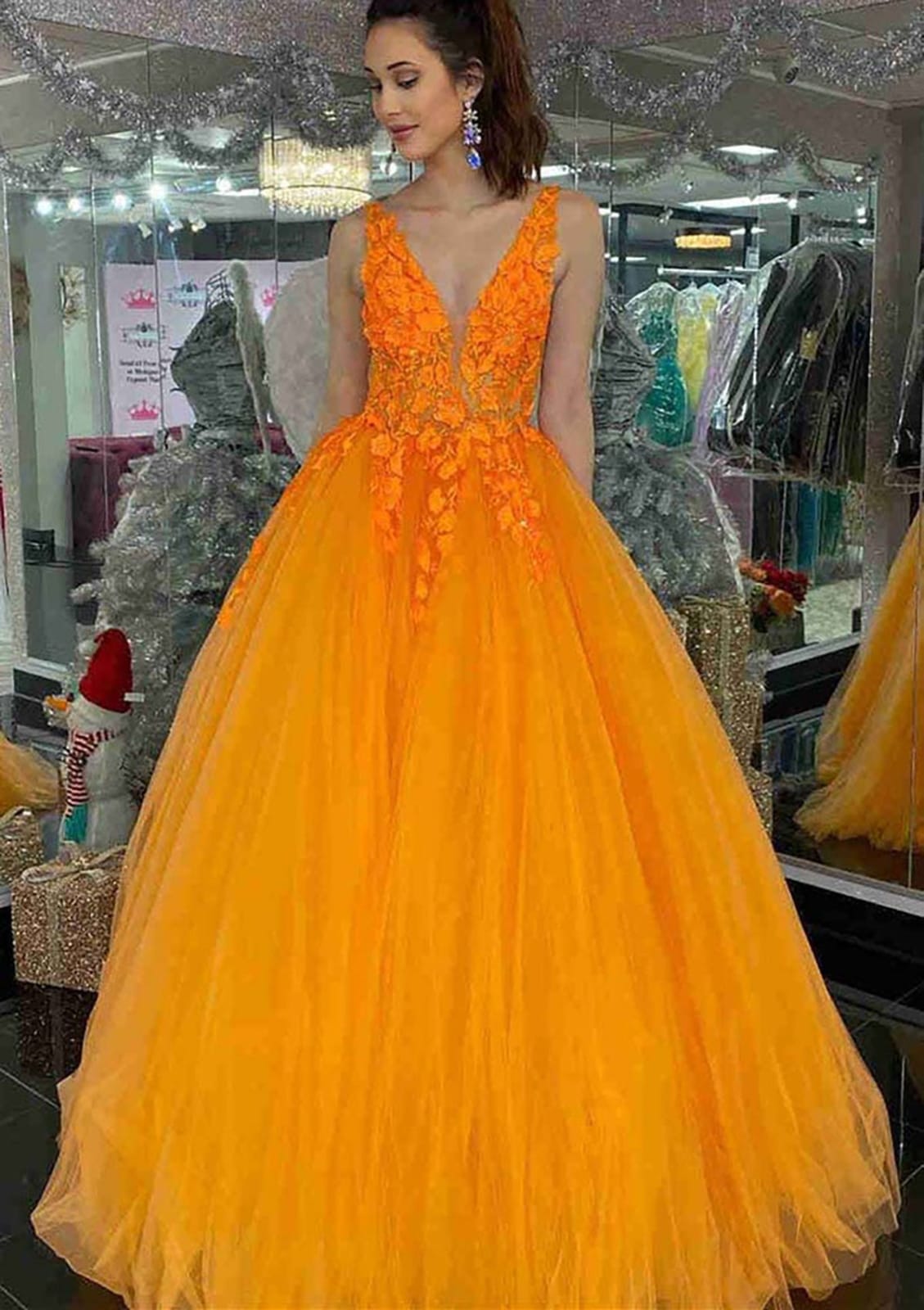 Princess Plunging Sleeveless Floor Length Tulle Ball Gown Prom Dress